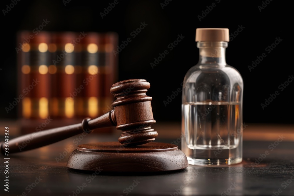 Wooden gavel and bottle of alcohol as symbol of law on black background ...