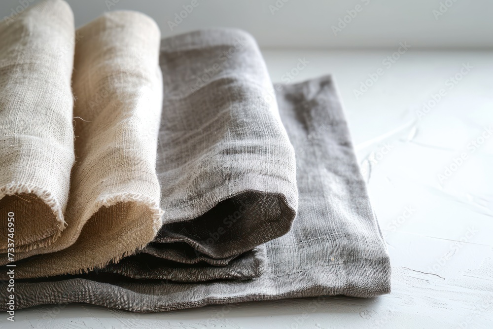 mockup free space on a white dobpe at the bottom are three linen ...