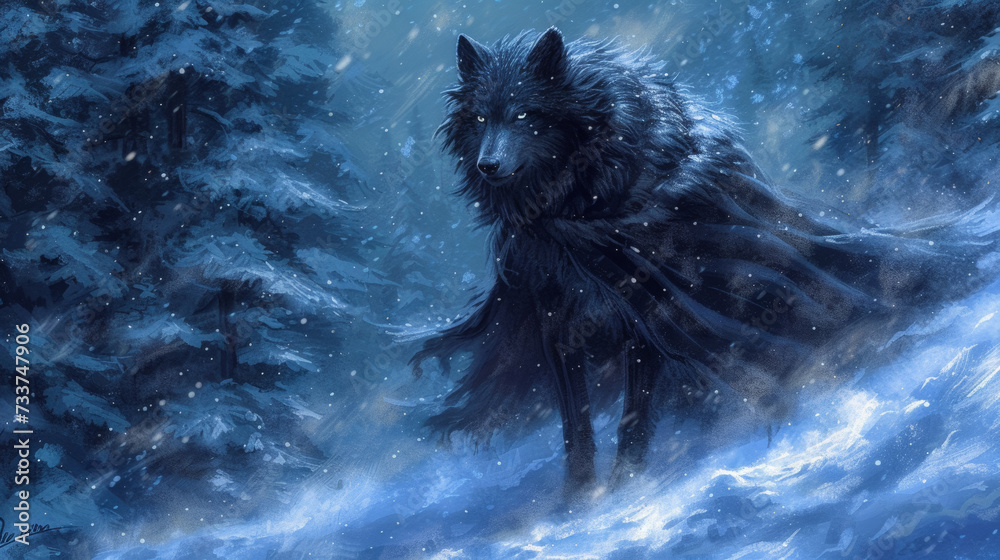 The regal wolf, draped in a fur-trimmed cloak, gazes into the moonlit ...