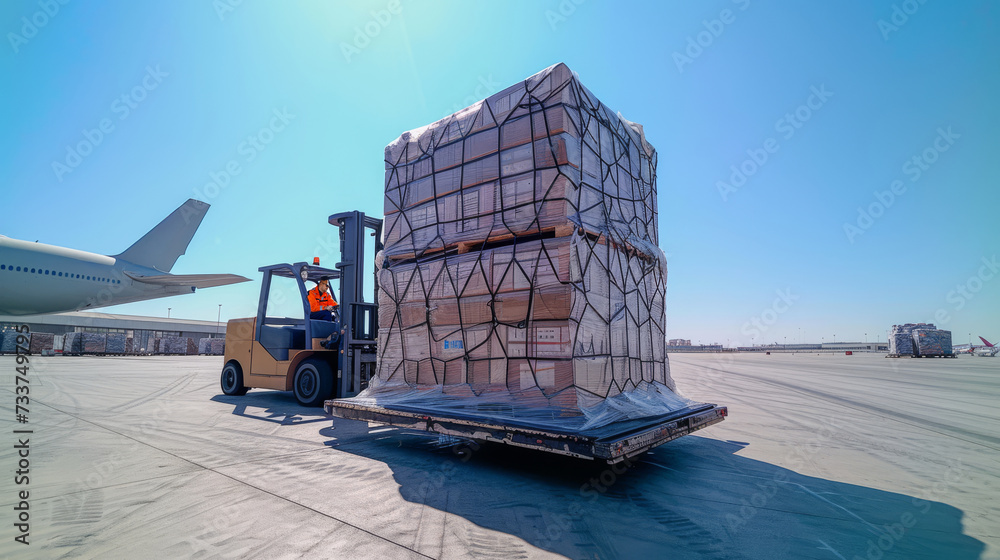 Forklift Loading Cargo Pallet onto Aircraft at Sunny Airport Tarmac ...