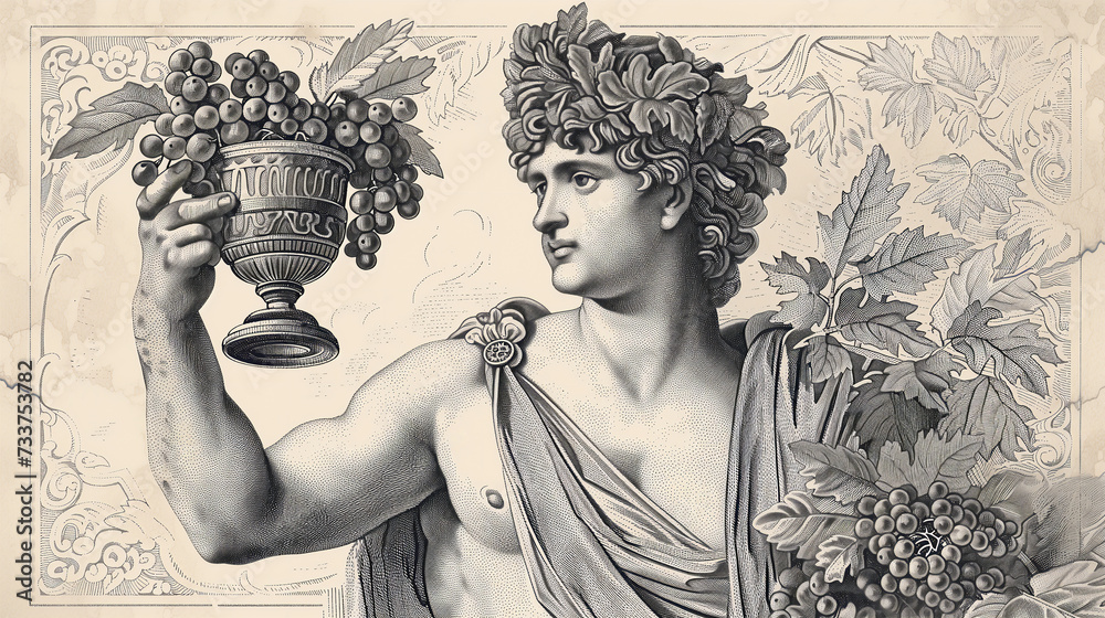 Engraved portrait of Bacchus the Roman god of wine who's father was ...