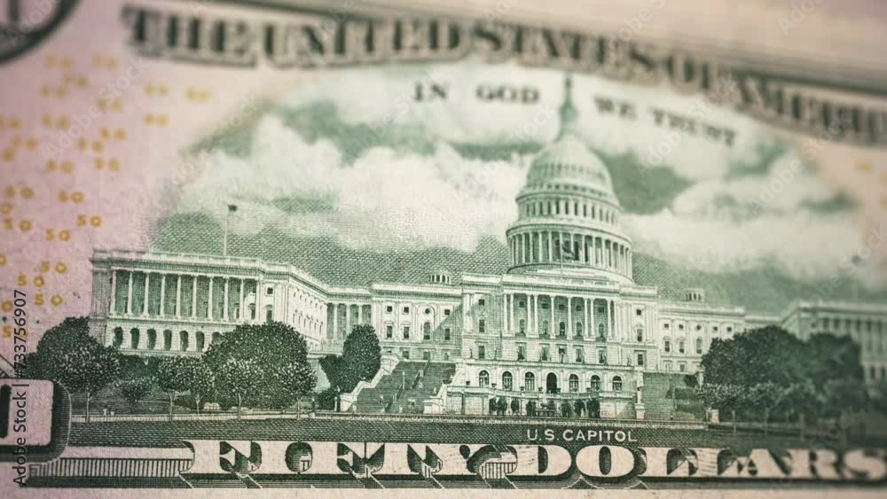 Close-up of a fifty dollar bill. A shot of the detailed macro texture ...