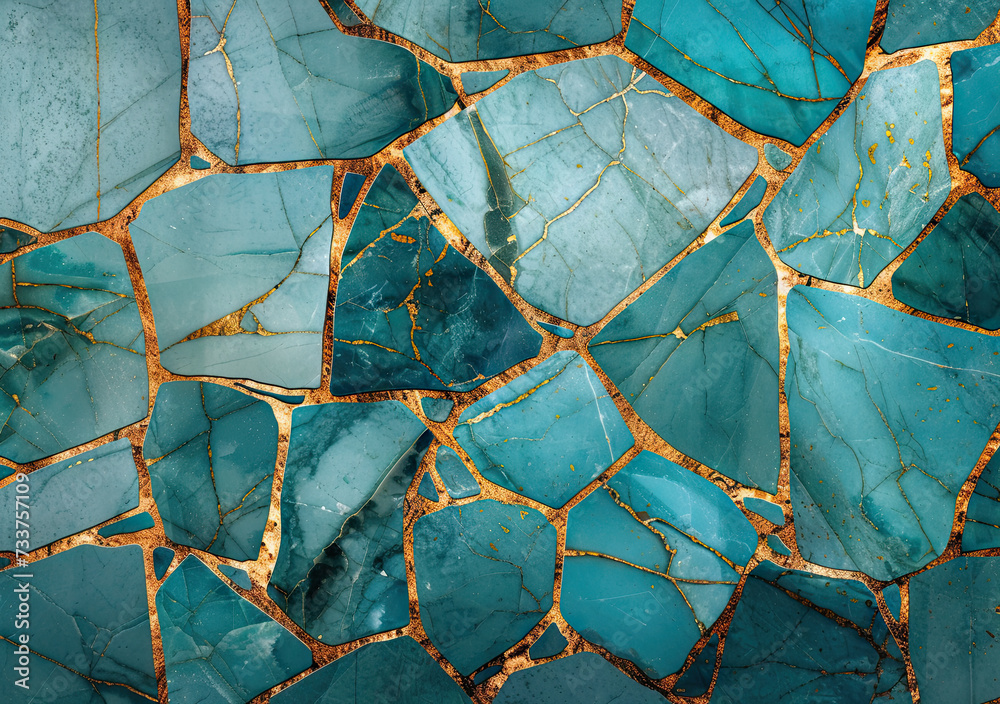 Turquoise and gold chrome kintsugi mosaic with mineral marble textures ...
