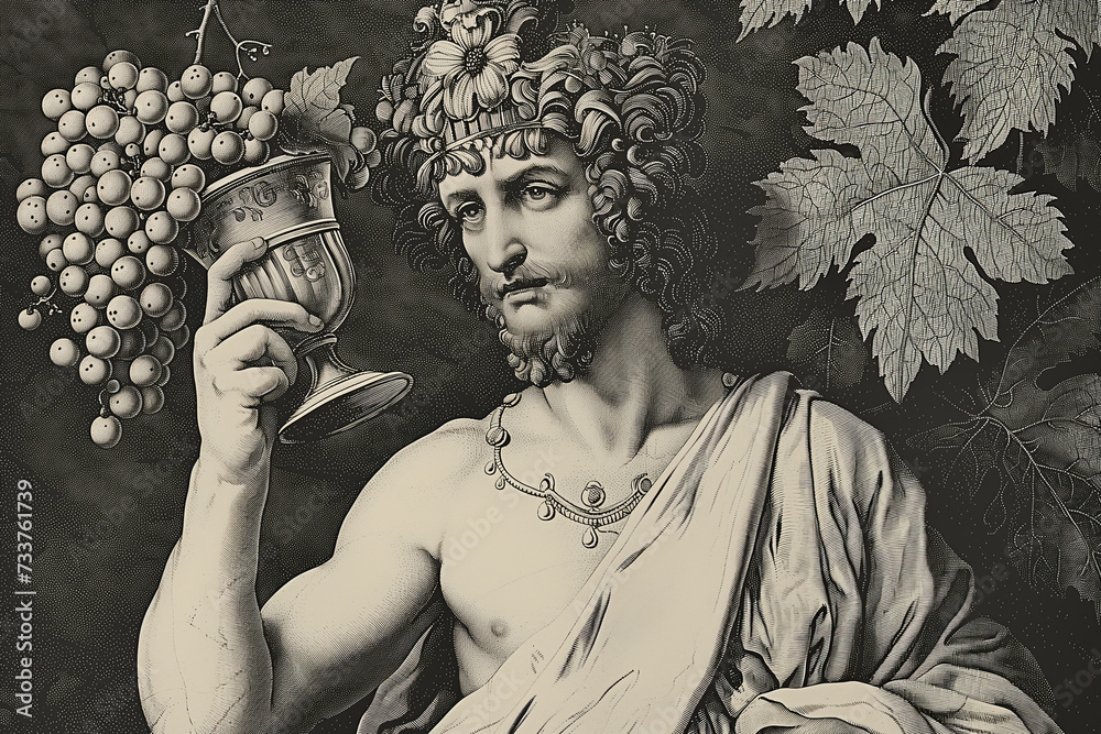 Engraved portrait of Bacchus the Roman god of wine who's father was ...