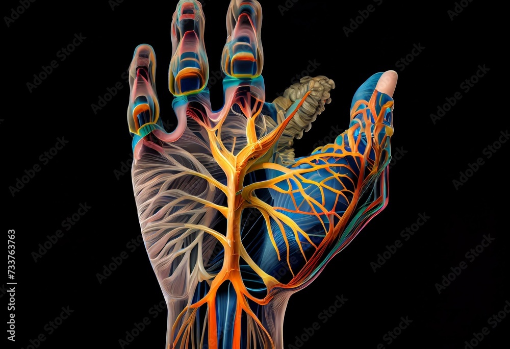 Female palm and wrist anatomy, palm, anterior view, Full color on black ...