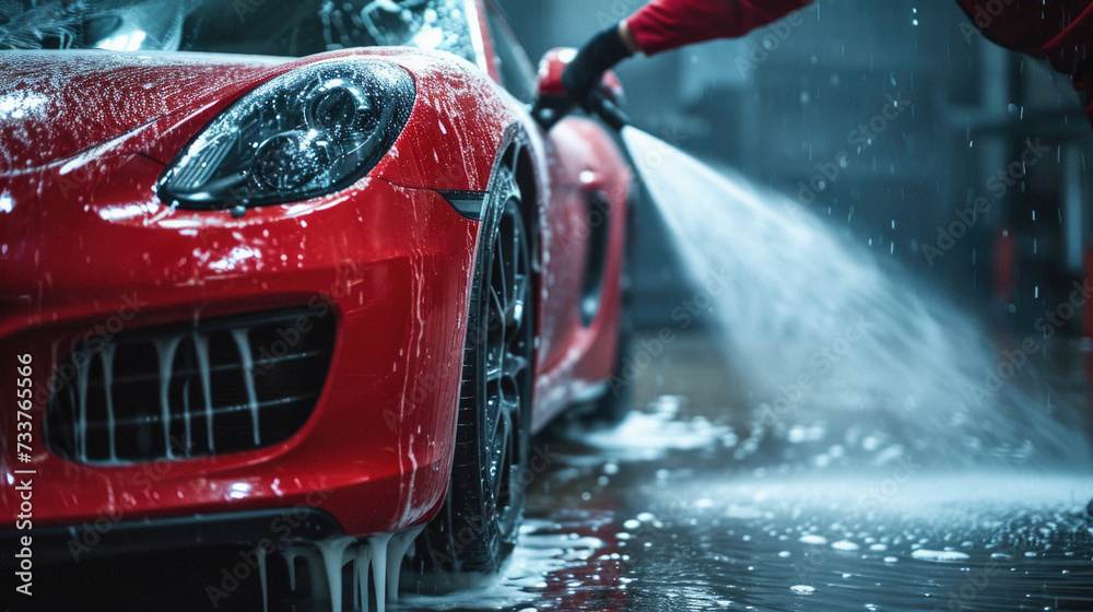 Car wash series : Washing red car with high pressure water . Stock ...