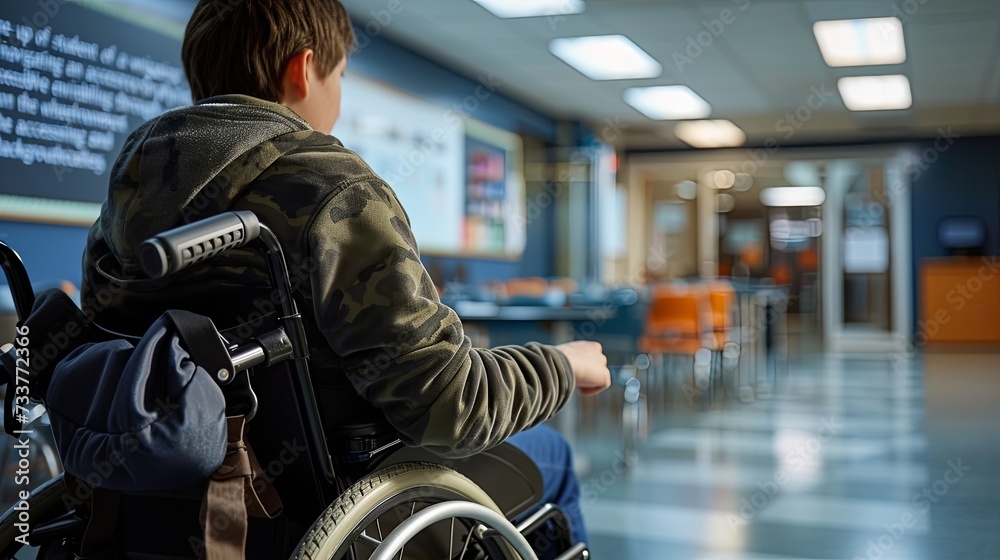 Rear view of a young student in a wheelchair navigating the hallway of ...