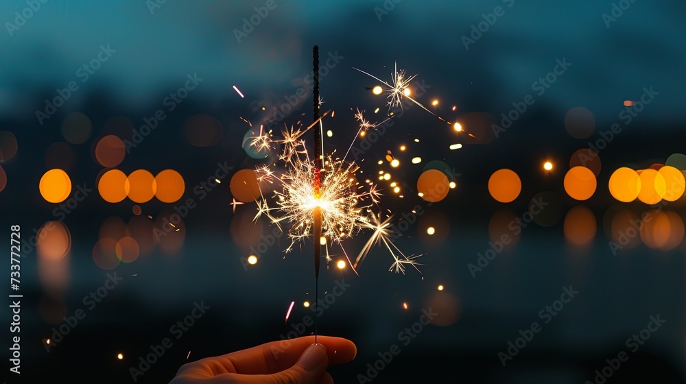 A single sparkler burning brightly, with sparks flying off and a bokeh ...