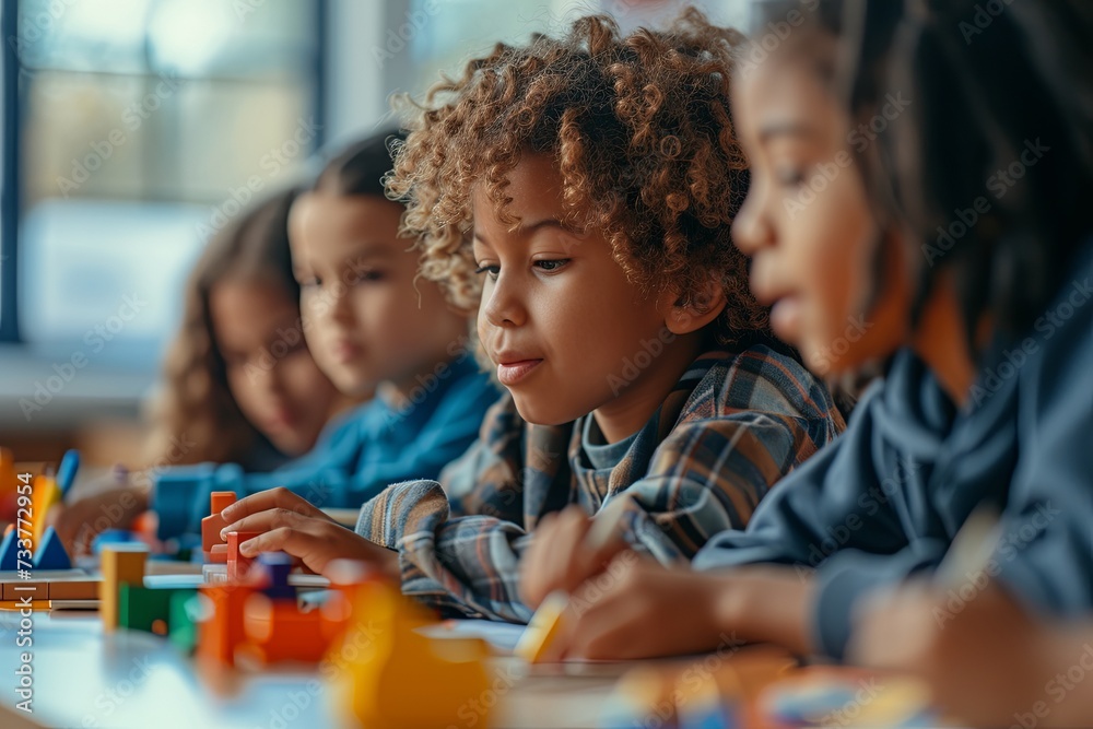 Four focused children collaborating and having fun in a colorful ...