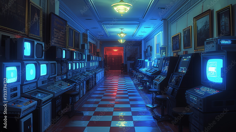 Vintage computer lab with rows of old monitors and computers under dim ...