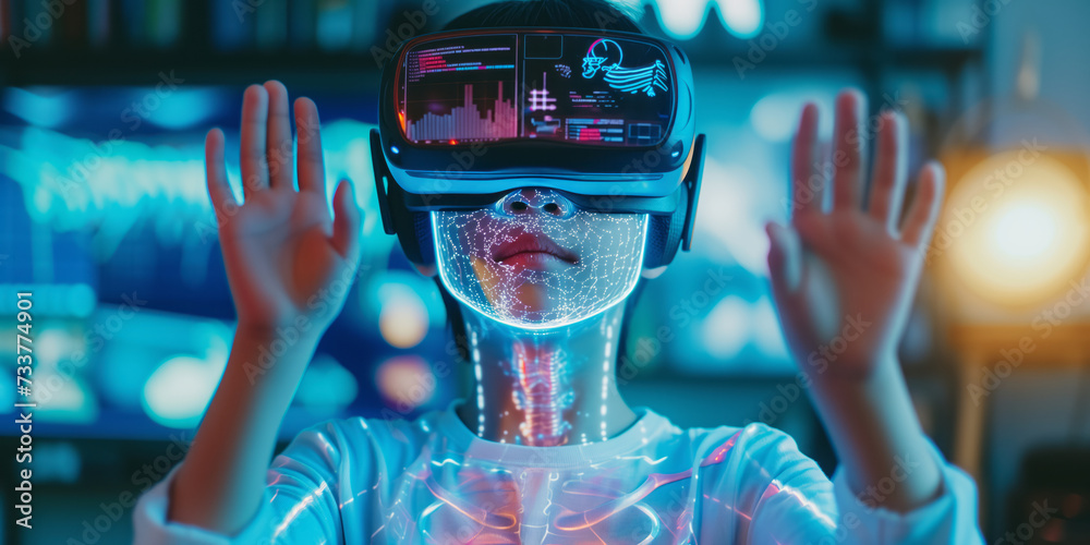 Foto de Asian boy wearing VR goggles using augmented reality to study ...