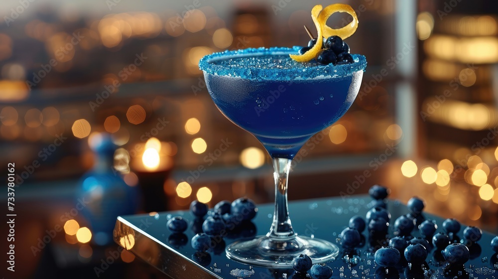 A luxurious cocktail with a deep blue hue, effervescent champagne ...