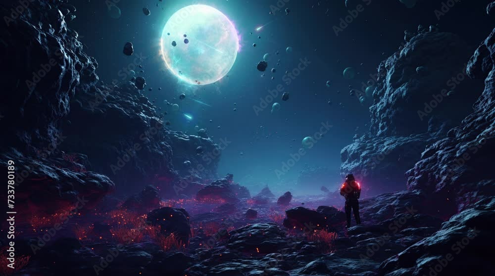 Lunar Encounter: Astronaut Gazing at Glowing Moon in Space Seamless ...