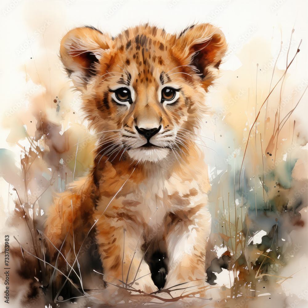 Watercolor illustration tiger cub lion cub stains splashes, children's ...