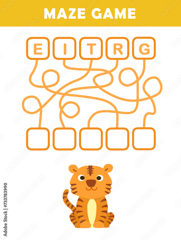 Word maze worksheet for kids with cute tiger illustration. Labyrinth ...