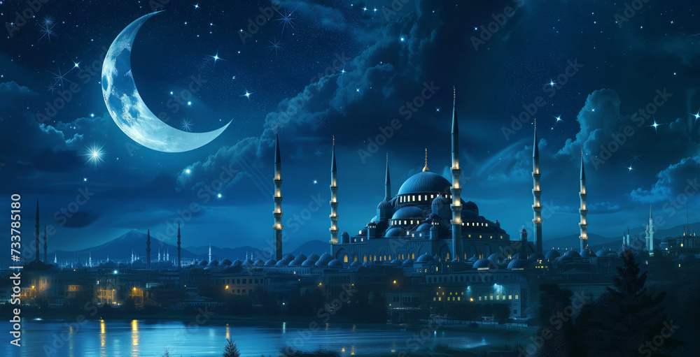 Crescent moon and stars illuminate ancient mosque during night time ...