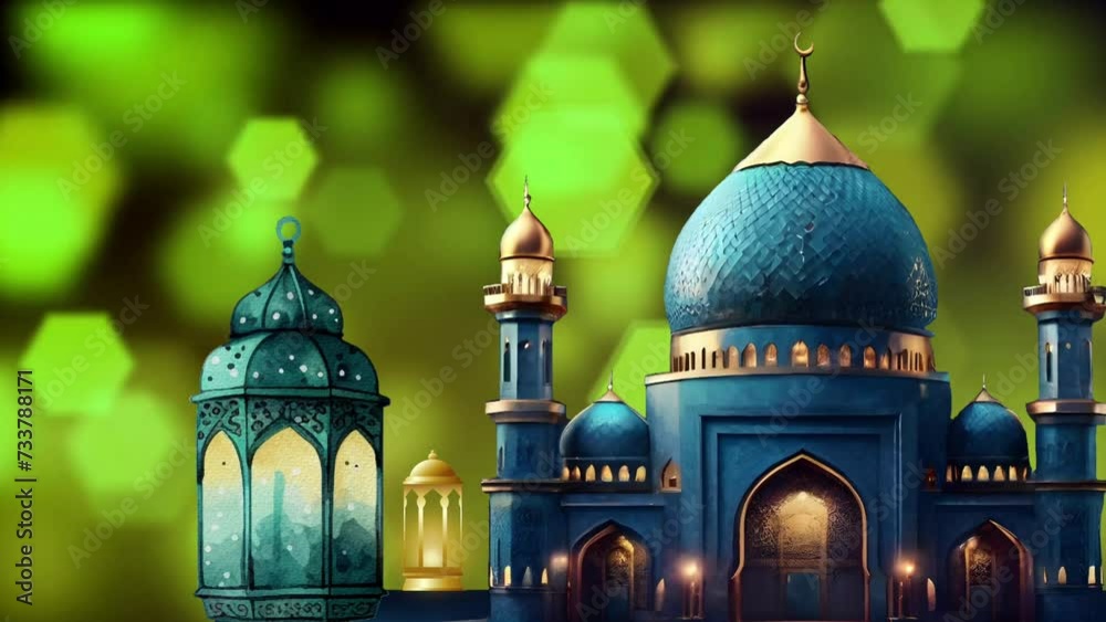 Mosque building at night with eccentric magic particle splash green ...