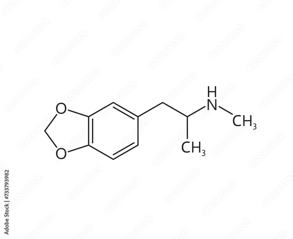 Organic drug molecule structure, synthetic ecstasy MDMA formula. Synthetic drug molecule scheme ...