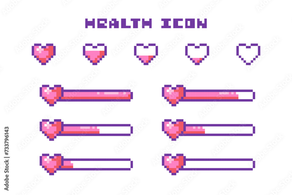 Pixel Art Game Health Life Bar Progress and Heart Level Icons Set. 8 ...