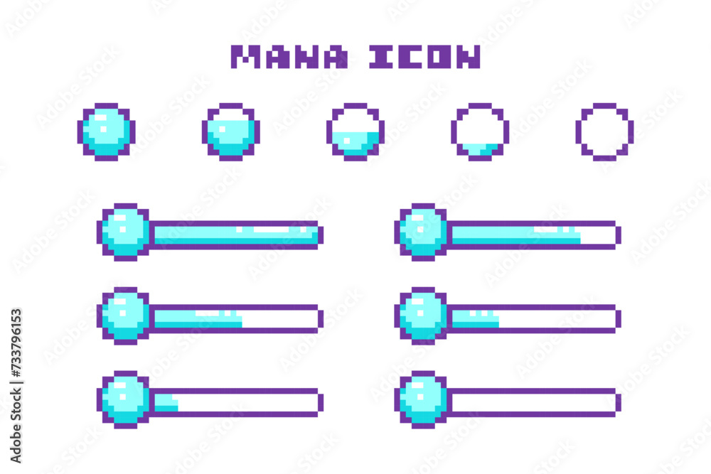 Vecteur Stock Pixel Art Game Mana Bar Progress and Mana Ball Icons Set ...