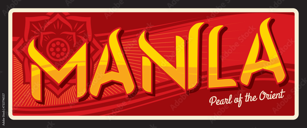 Manila city capital of Philippines. Vector travel plate or sticker ...