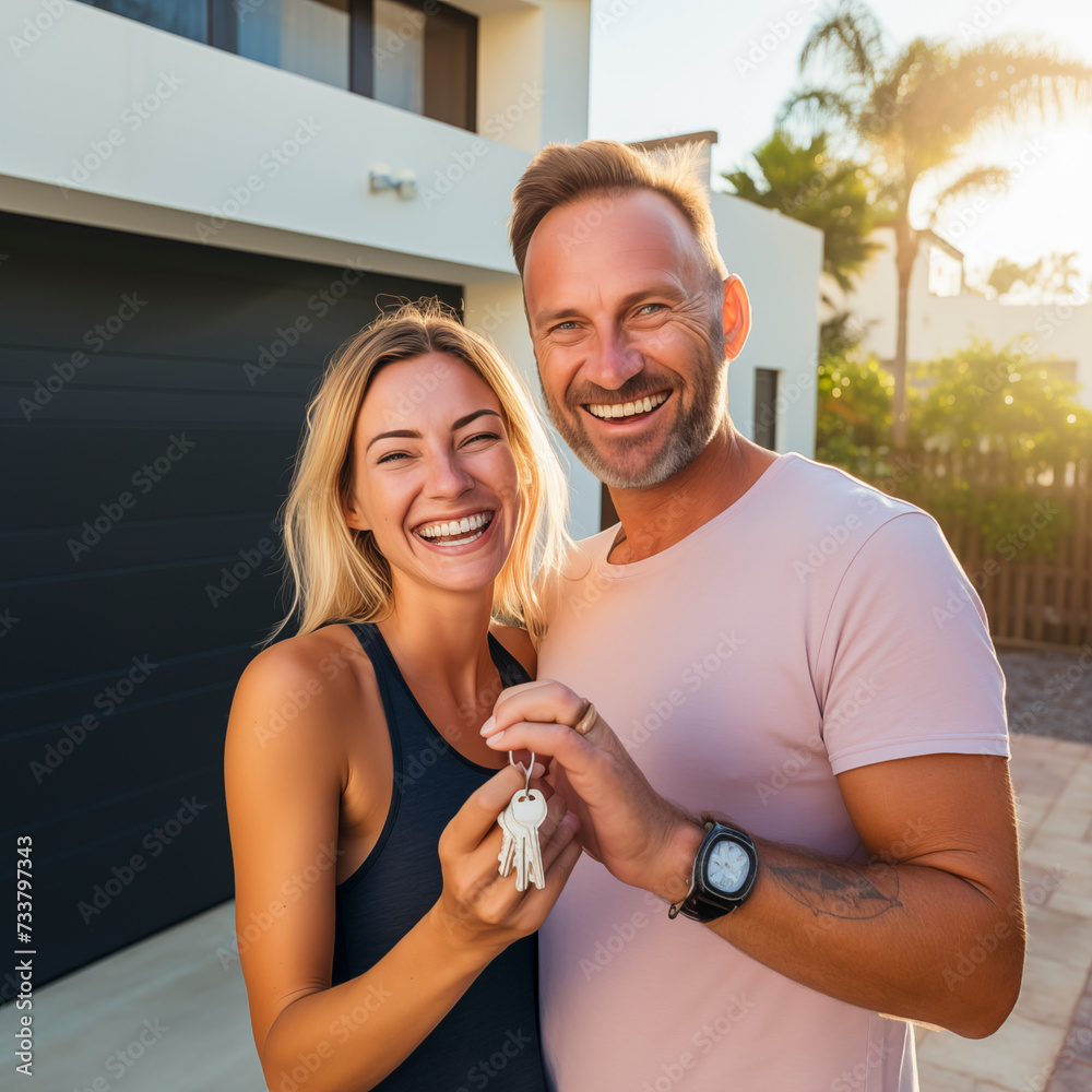 Portrait of a happy 45 year old couple renters showing house keys buy ...