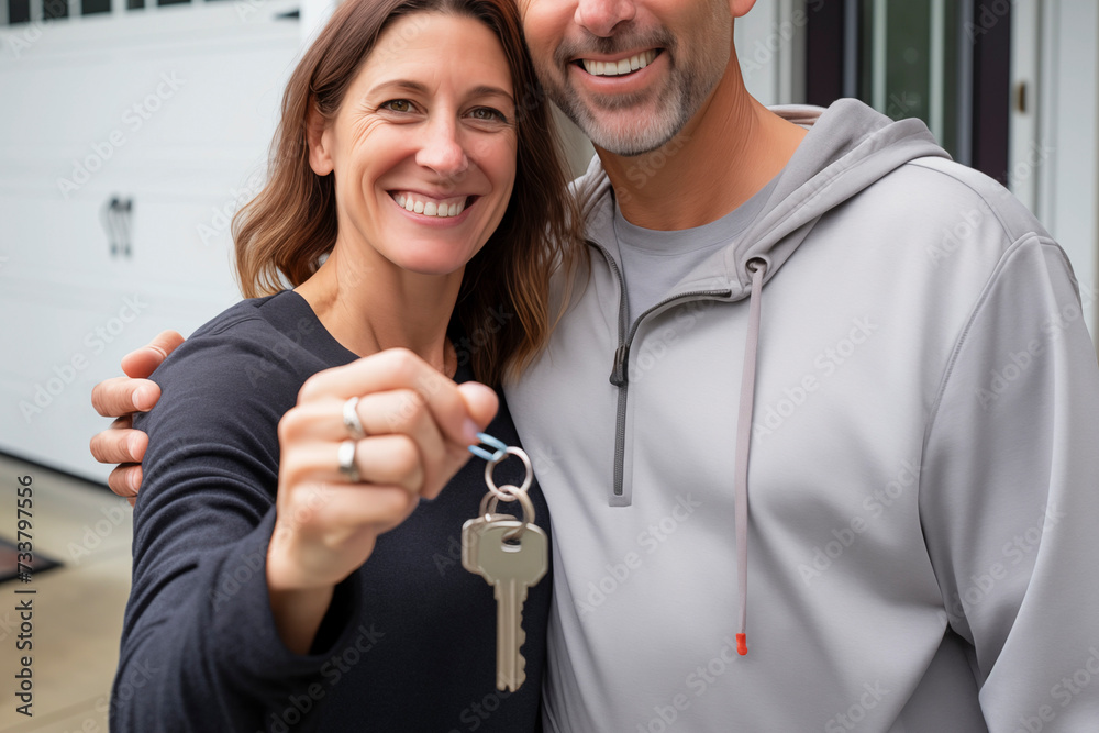 Portrait of a happy 45 year old couple renters showing house keys buy ...