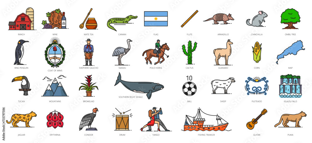 Argentina color line icons, argentine travel symbols. Ranch, wine, mate ...