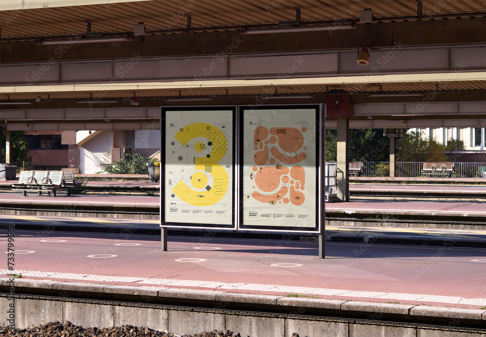 Mockup of customizable 2 vertical signs on platform Stock Template ...
