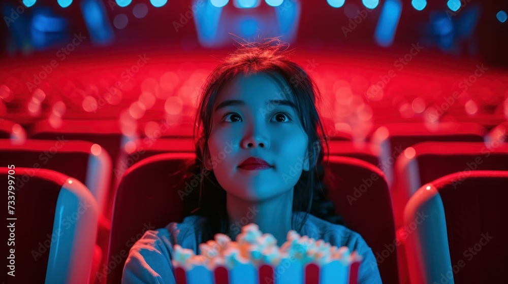 Singgle middle age asian woman looking to movie screen in cinema ...