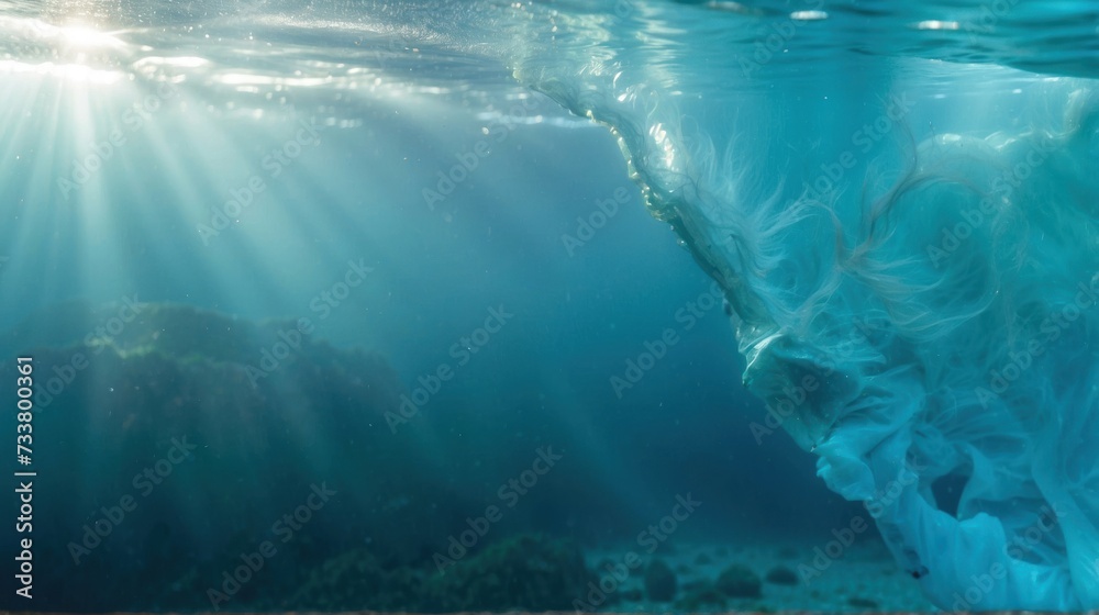 Underwater View of Sunlight and Marine Pollution. Sunbeams filter ...