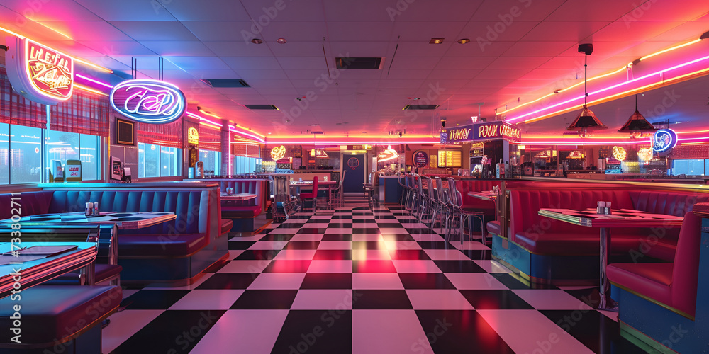 Step Back in Time: Cozy Glow of a Classic Tile-Floored Diner with Neon ...