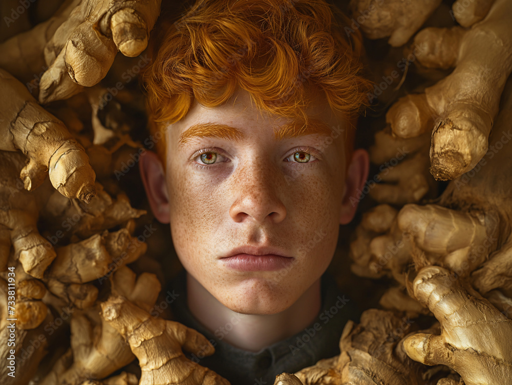 Man with red hair surrounded by ginger root. A fiery-haired man stands ...