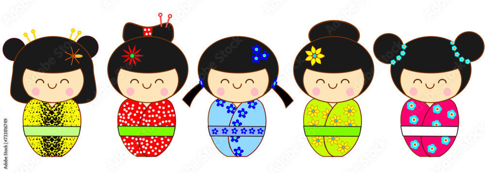 Cute and sweet traditional Japanese Kokeshi dolls set. Kawaii asian ...