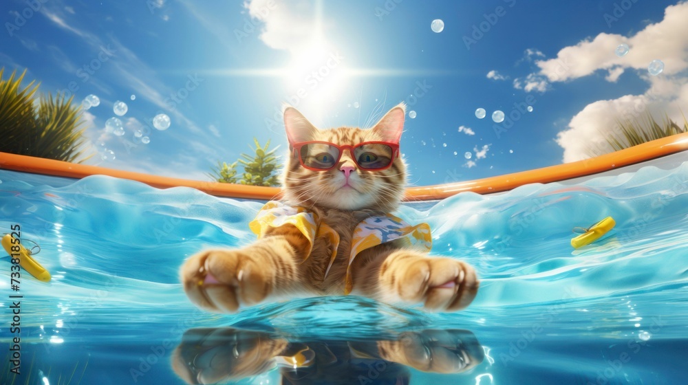 AI generated illustration of an orange tabby cat wearing a life vest ...