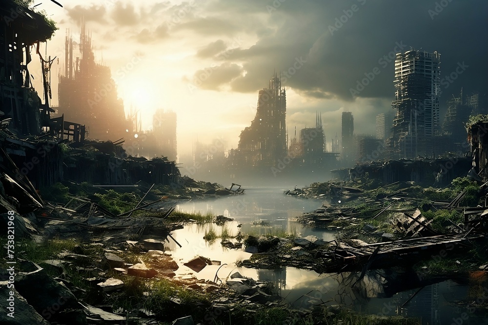 AI generated illustration of a post-apocalyptic cityscape, with broken ...