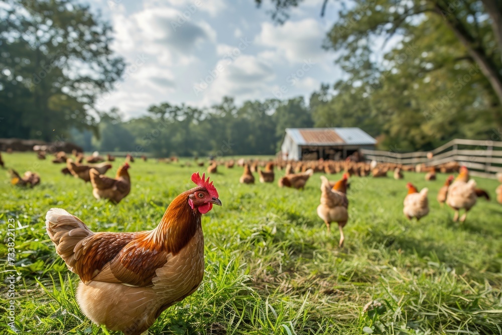 Beautiful image of freerange chickens in field and coop. Stock Photo ...