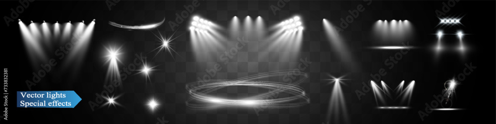 Set of light spotlight effects.Lens flare, explosion,sparkle, dust,line ...