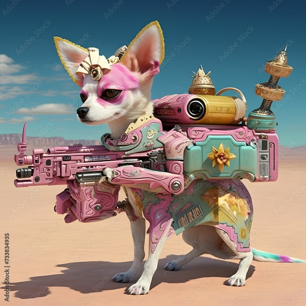 AI generated illustration of a robotic lady chihuahua carrying a ...