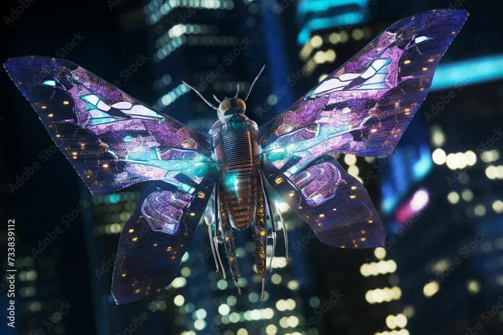 AI generated illustration of a vibrant robotic purple moth flutters in ...