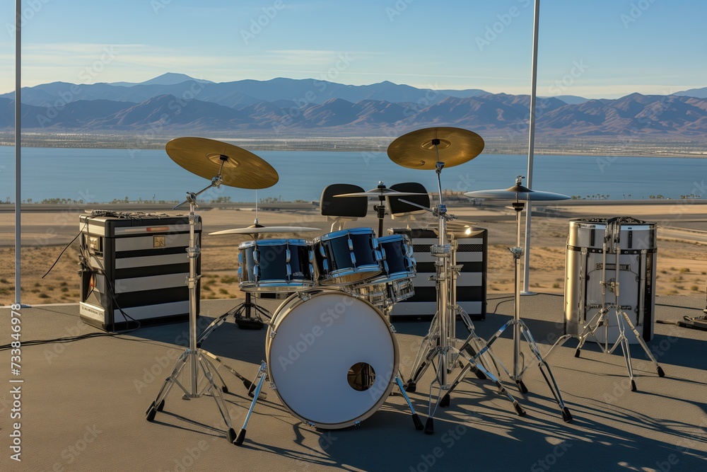 A musical band equipment. Drums and cymbals near a coastline. Different ...