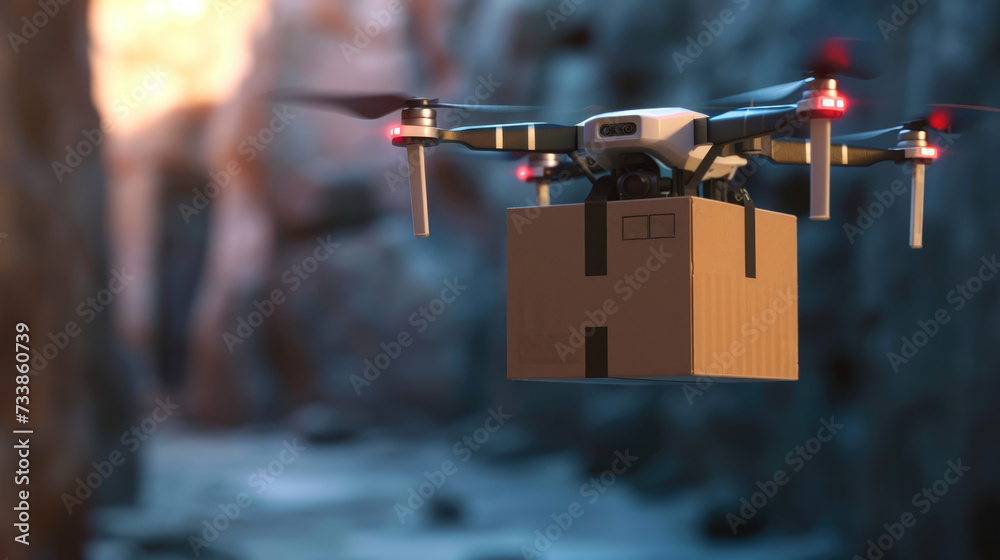 Flying delivery drone carrying a box. Futuristic technology concept of ...