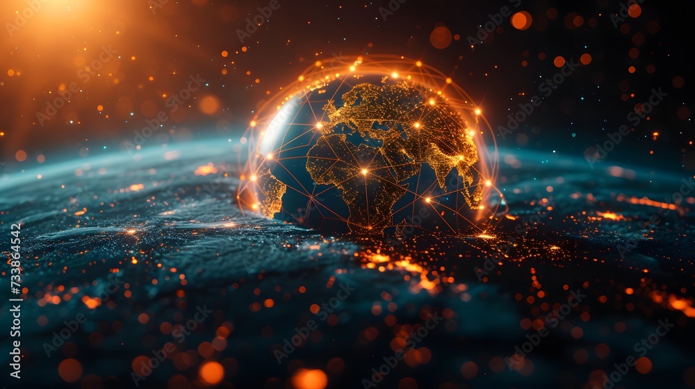 background with glowing lights, a globe with a network of lights in the ...