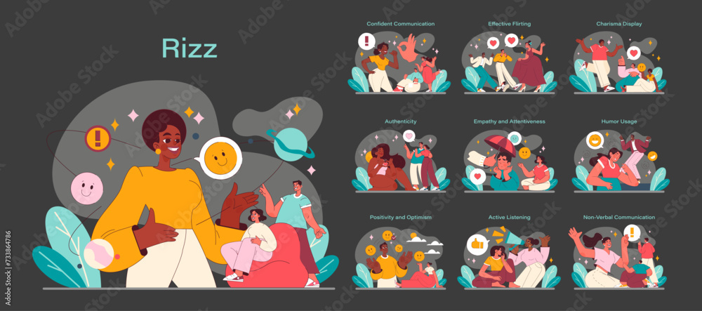 Rizz concept set. Expressive scenes of social interaction self ...