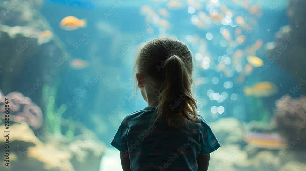 Silhouette of a girl child watching fish swimming behind the glass of ...