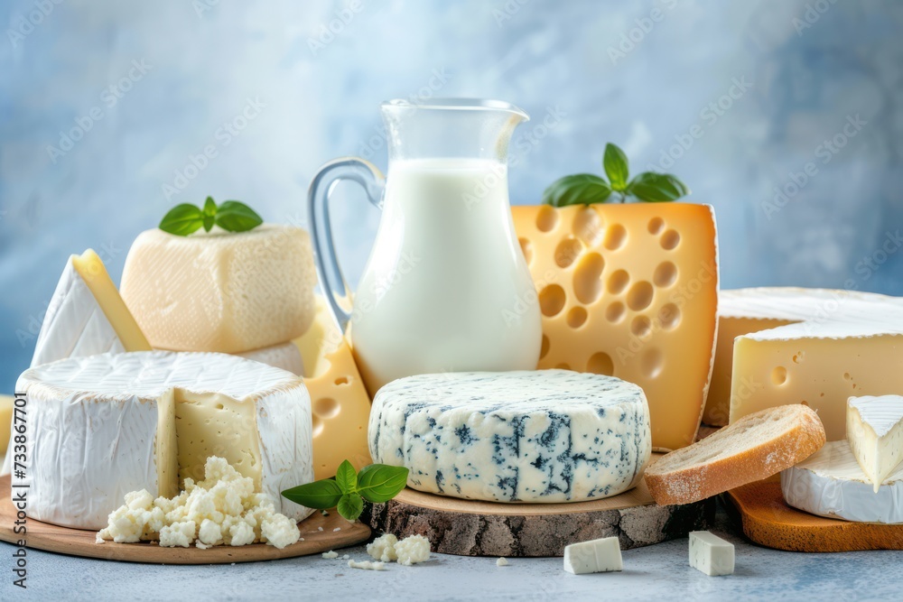 Front view of various kinds of dairy products like a milk jug, yogurt ...