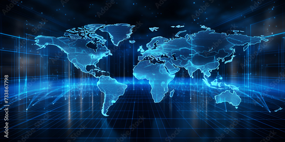 Digital world map hologram blue lines and dark background of computer ...