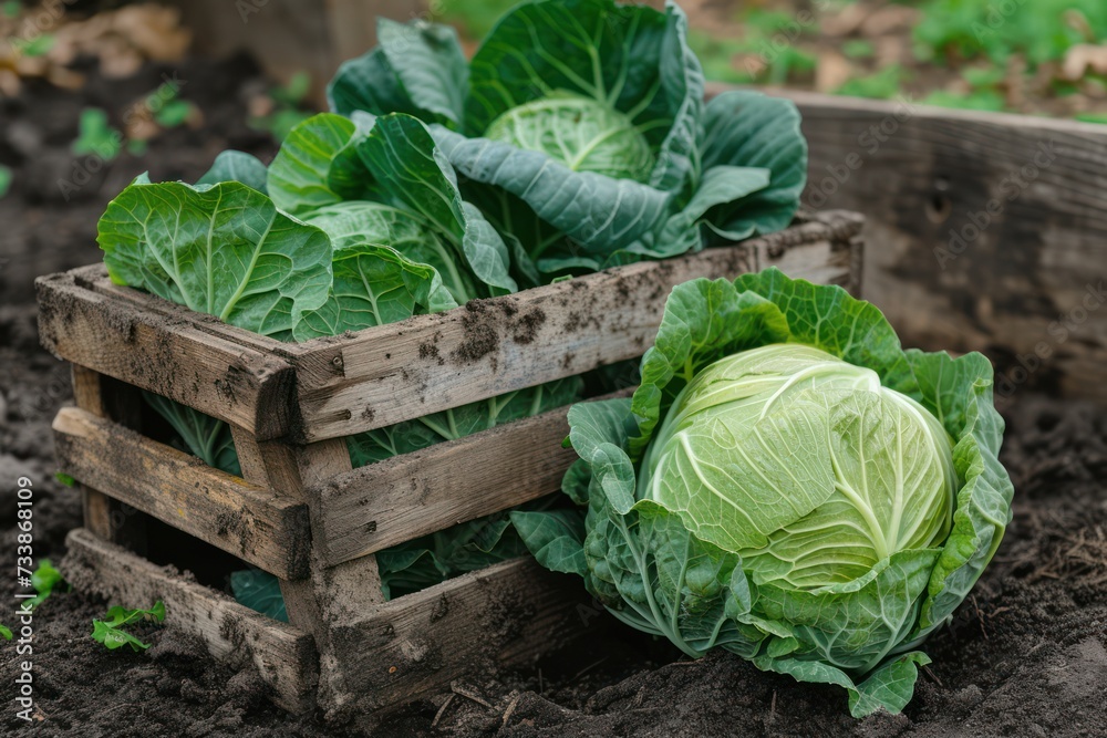 Green cabbage on the soil with a rustic wooden crate. The cabbage is at ...