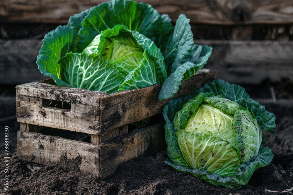Green cabbage on the soil with a rustic wooden crate. The cabbage is at ...