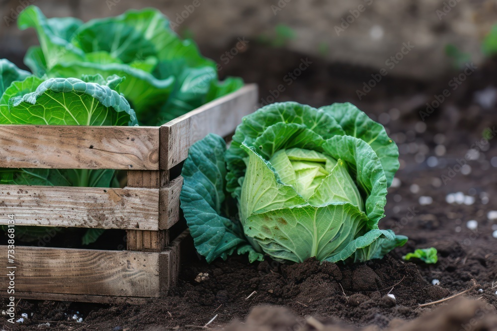 Green cabbage on the soil with a rustic wooden crate. The cabbage is at ...